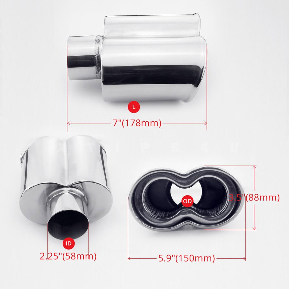 2.25" Inlet dual oval shape Rolled Resonated Stainless Steel Exhaust ...