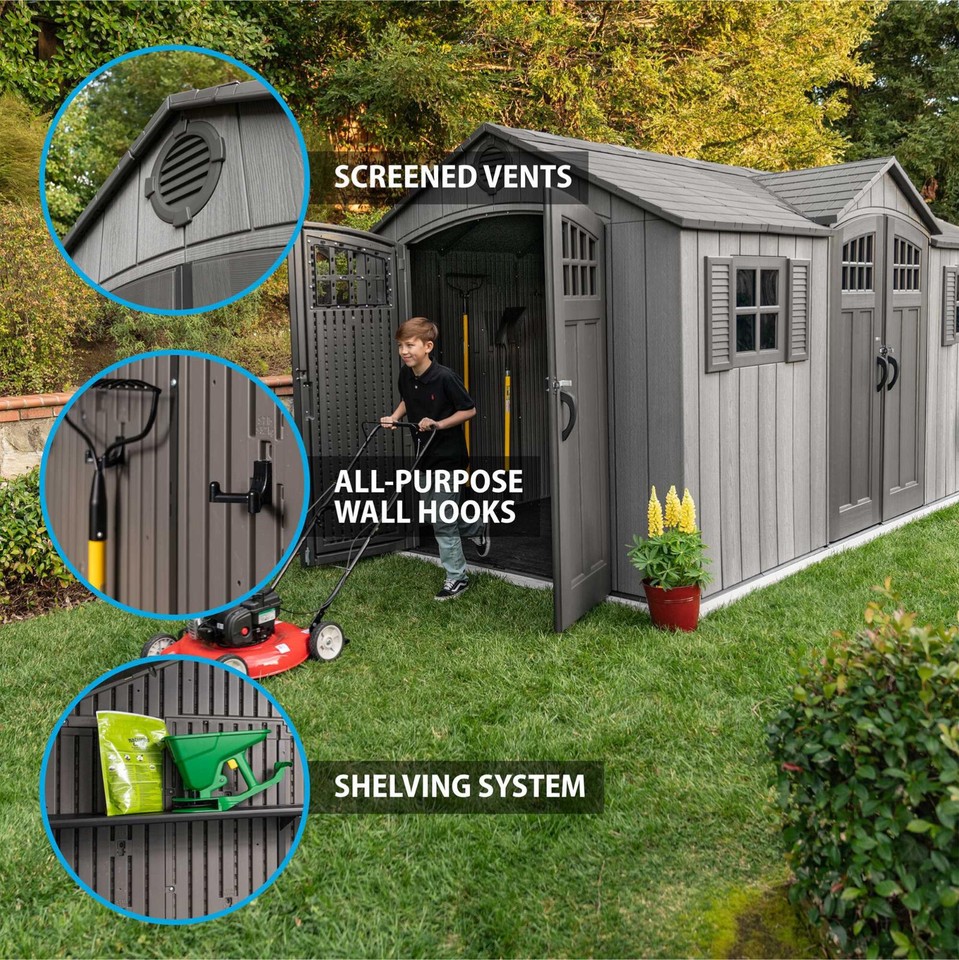 Lifetime 60318 15x8 Foot Rough Cut Storage Shed Dual Entry Ways Outdoor ...