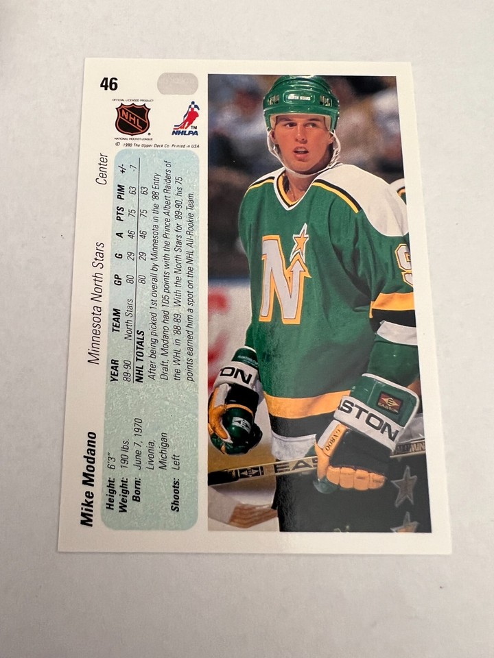MIKE MODANO MINNESOTA NORTH STARS 1990 UPPER DECK ROOKIE CARD #46 MINT ...