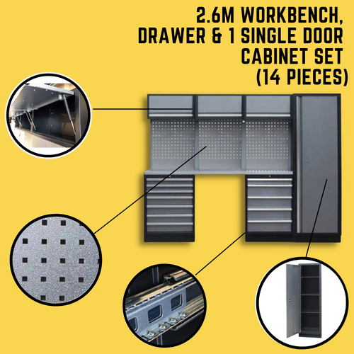 2.6M Workbench, Drawer & 1 Single Door Cabinet Set (14 Pieces)-GT ...