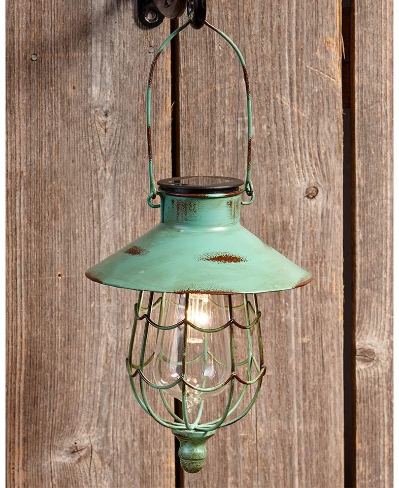 Hanging Solar LED Caged Lantern Light Rustic Distressed Finish Outdoor ...