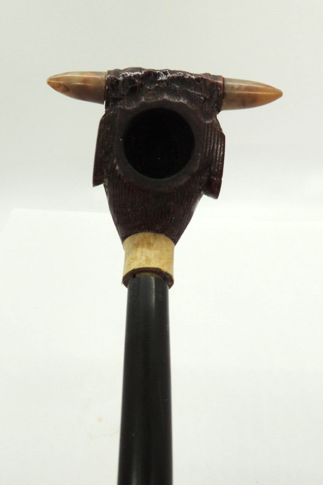 Carved Bull Head with Horns Smoking Pipe Long Stem Detailed Vintage | eBay