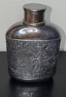 Antique Silver Flask Repoussé Florals Expandable cap MERIDEN BRITANNIA ...