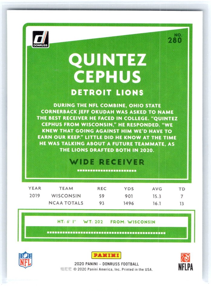 Quintez Cephus 2020 Donruss #280 Rookie | eBay