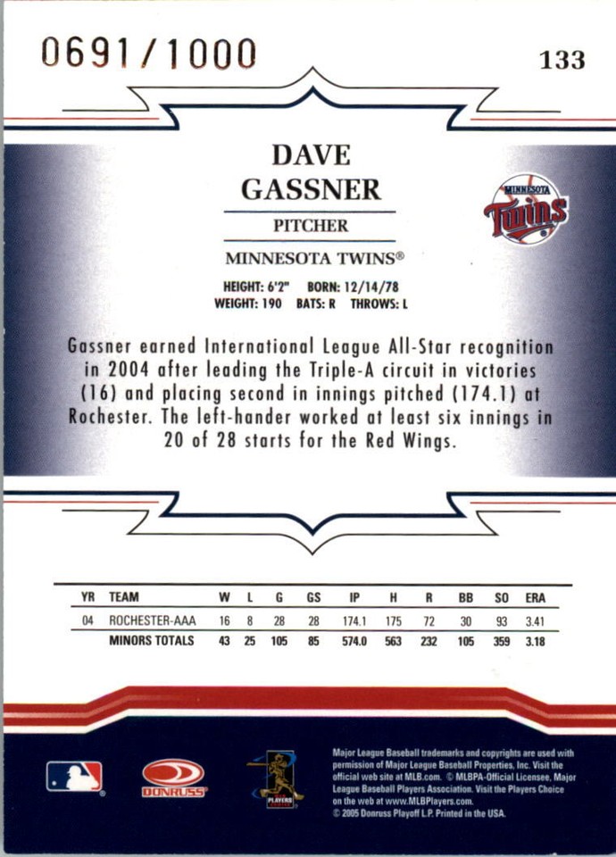 2005 Throwback Threads Signature Marks #133 Dave Gassner Auto /1000 ...
