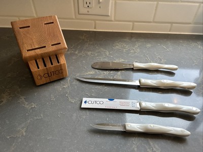 CUTCO Cutlery Pearl White Handle 4pc. Knife Set Plus Block USA ~ NICE ...