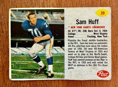 1962 Post - #20 Sam Huff | eBay