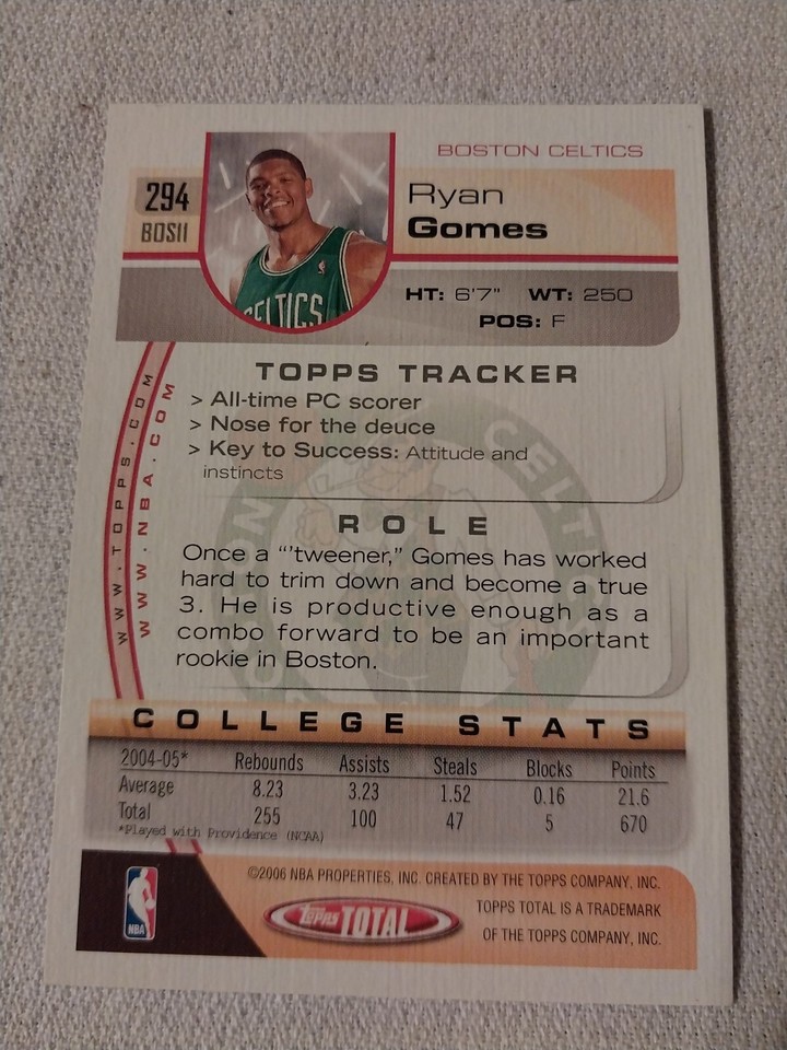 2005-06 RYAN GOMES TOPPS TOTAL SILVER NBA ROOKIE CARD RC #294 BOSTON ...