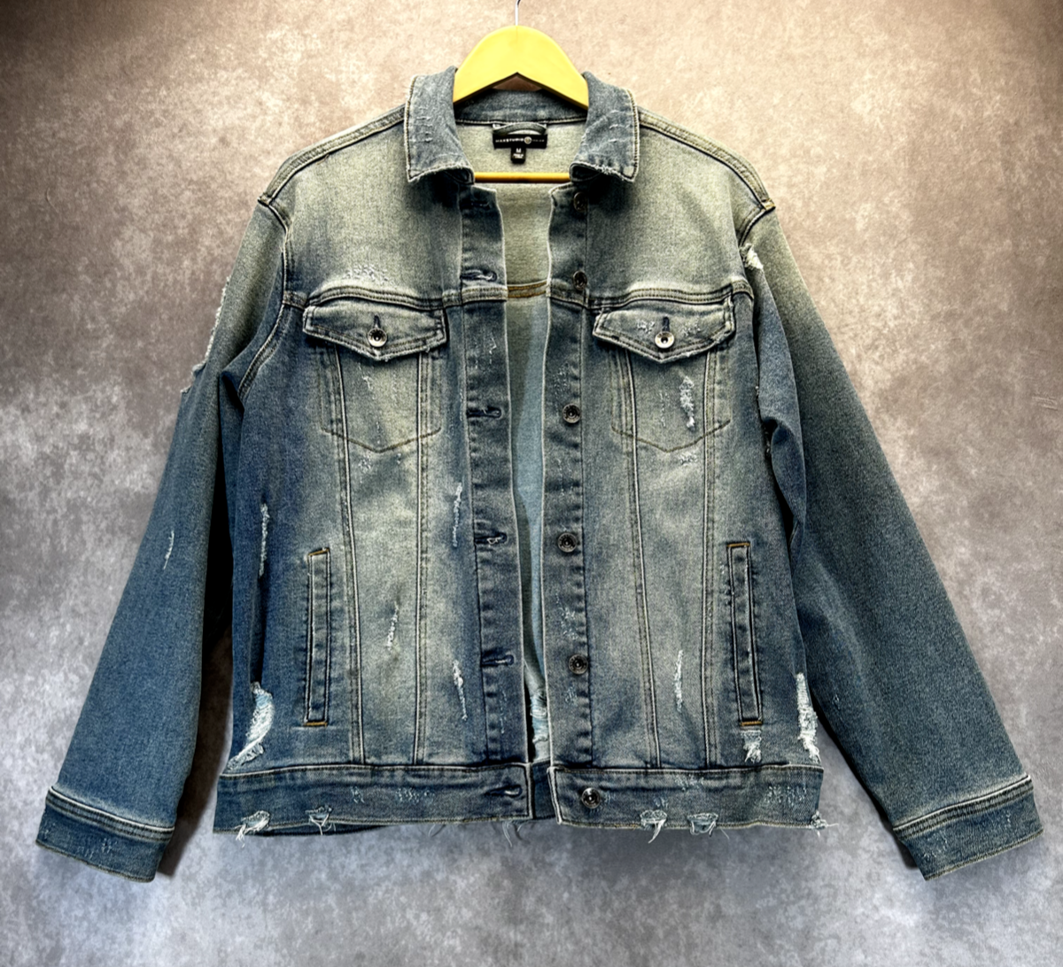 Max Studio Max Jeans Distressed and Embellished Stretch Denim Jacket M ...