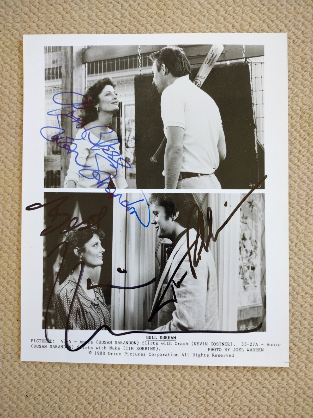 autographed 8x10 photo Kevin Costner, Susan Sarandon, Tim Robbins.Bull ...
