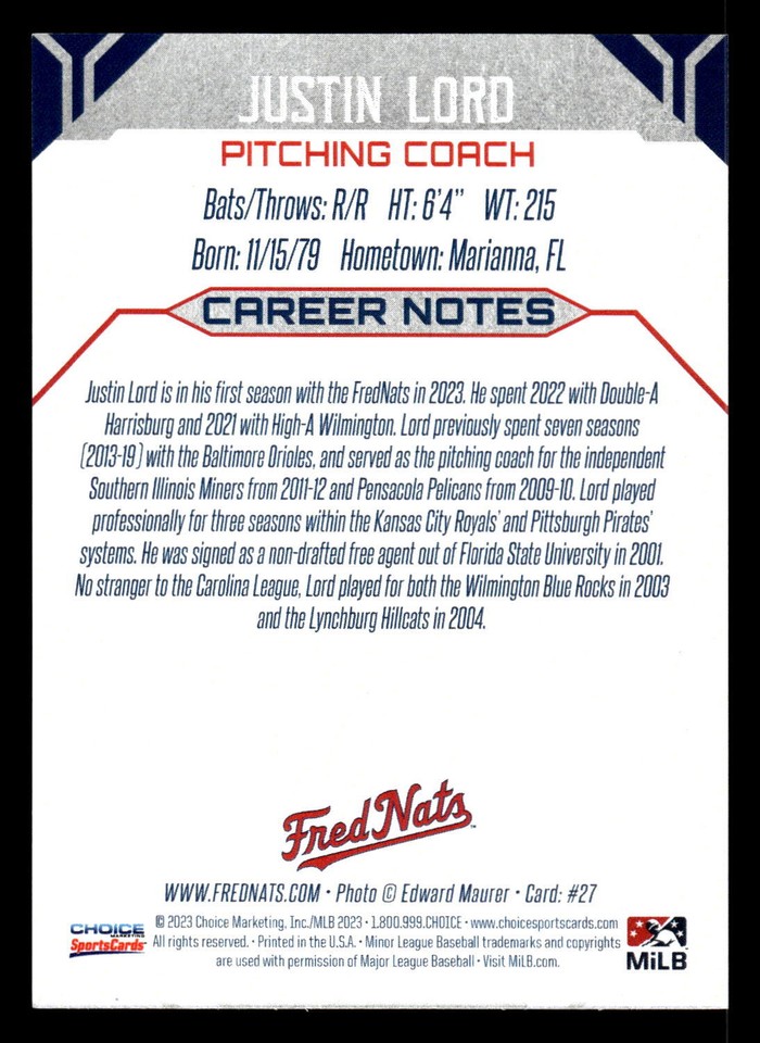 Justin Lord 2023 Choice Fredericksburg Nationals #27 Fredericksburg ...