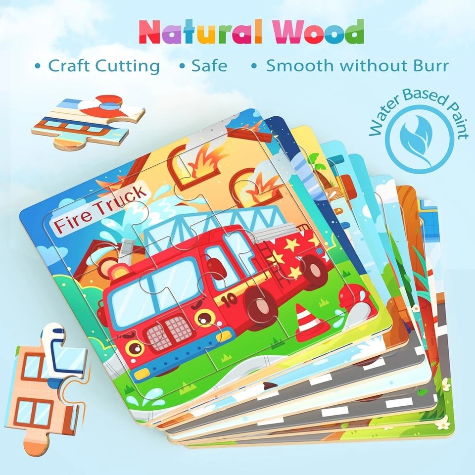 Wooden Puzzles for Toddlers, 8 Pack Vehicle Jigsaw Puzzles for Kids3-5 ...
