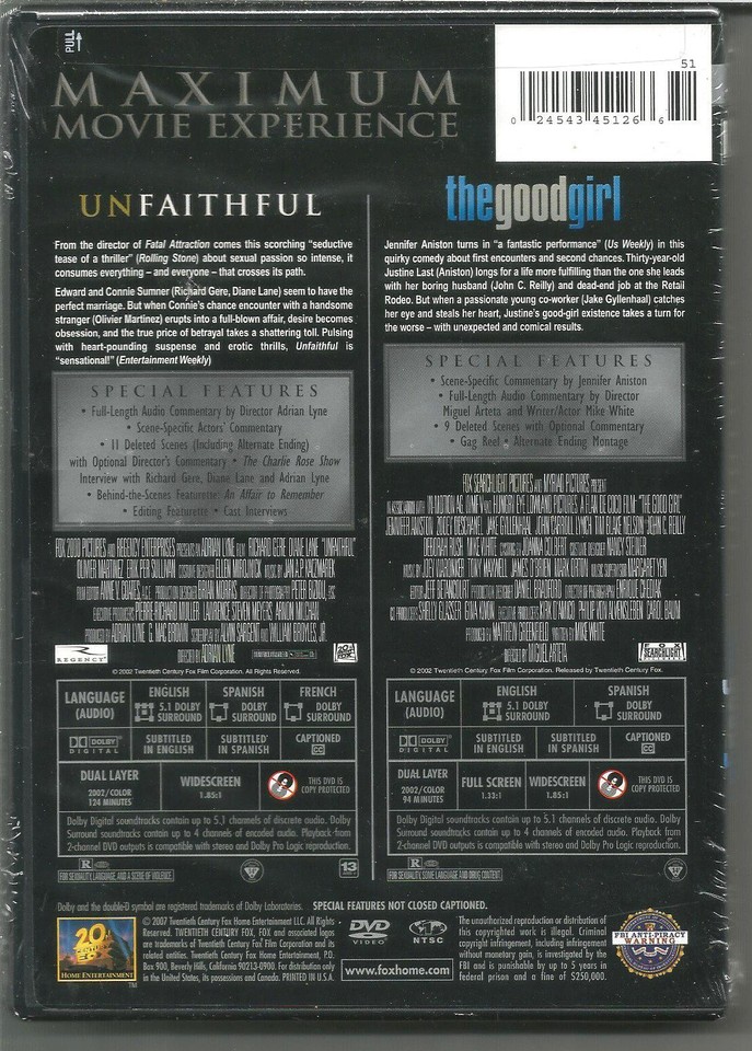 Unfaithful / The Good Girl DVD Double Feature NEW Richard Gere Jennifer ...