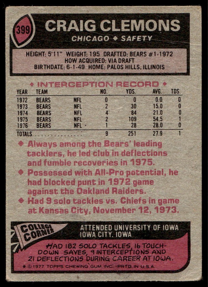 1977 Topps 399 Craig Clemons Chicago Bears UER Football Card | eBay