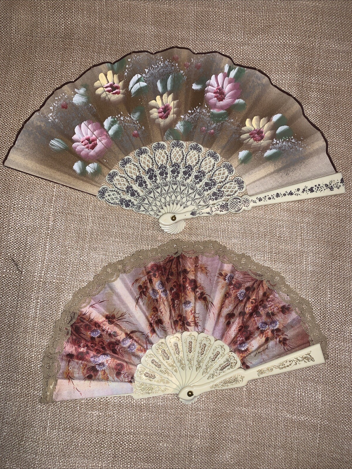 2 Vintage Hand Fans Hand Painted Fabric - Gem