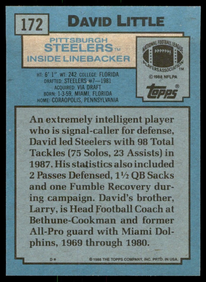 1988 Topps David Little Rookie Pittsburgh Steelers #172 | eBay