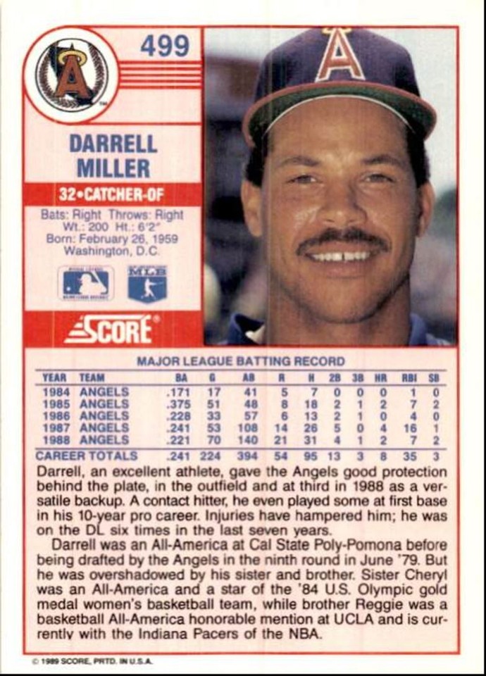 1989 Score Baseball Card Darrell Miller A California Angels #499 | eBay
