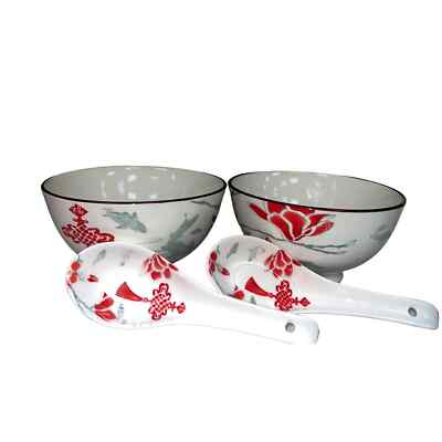 Chinese New year red 4.5 rice bowls and matching red spoons set of 4 | eBay