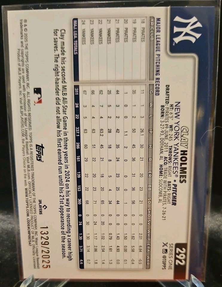 2025 Topps Baseball Series One Clay Holmes Gold Parallel 1329/2025 #292 ...