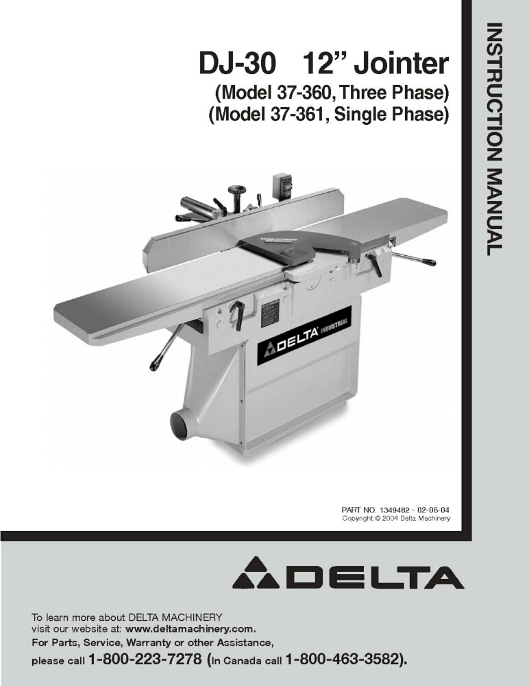 Delta 37-360 37-361 DJ-30 12" Jointer Instruction Manual | eBay