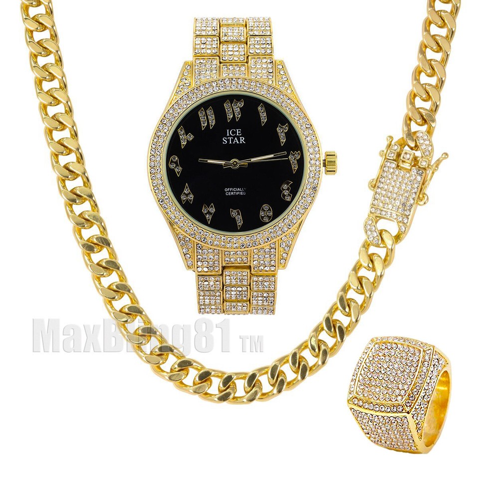 GOLD SIMULATED DIAMOND ARABIC ICY WATCH & ICED BOX LOCK BLING CUBAN ...