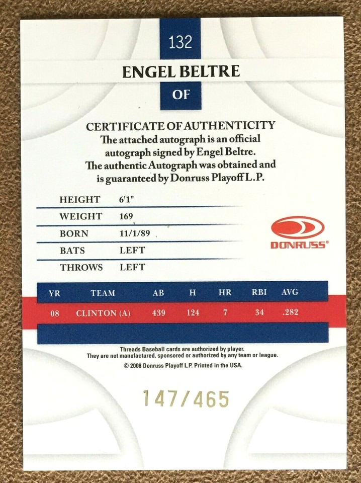 Engel Beltre 2008 Donruss Threads Autograph #132 /465 Texas Rangers ...