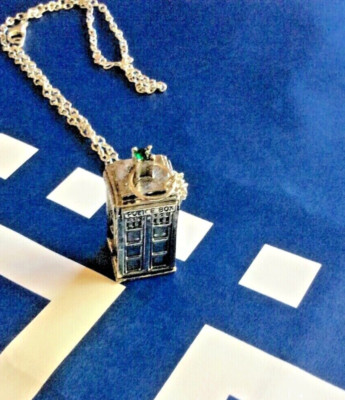 TARDIS inspired Dr Who Police Box CHARM Pendant w faux jewel silvertone ...