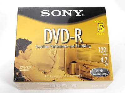 Sony DVR-R 5 Pack 120 Min. 4.7 GB 1x-8x Speed DVD Recordable NIB sealed ...