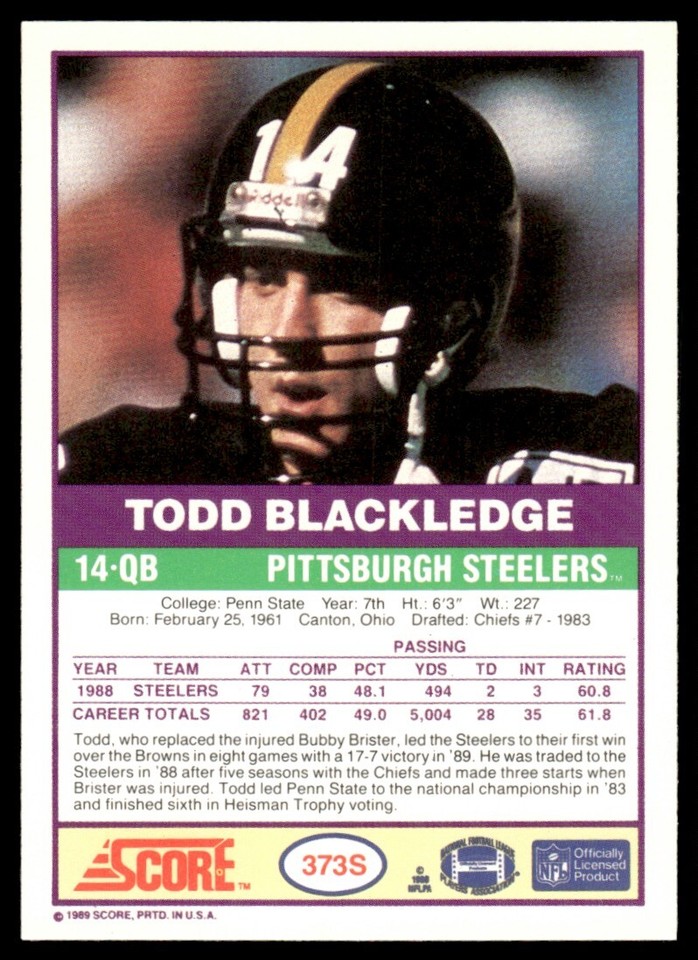 1989 Score Supplemental Todd Blackledge Pittsburgh Steelers #373S | eBay