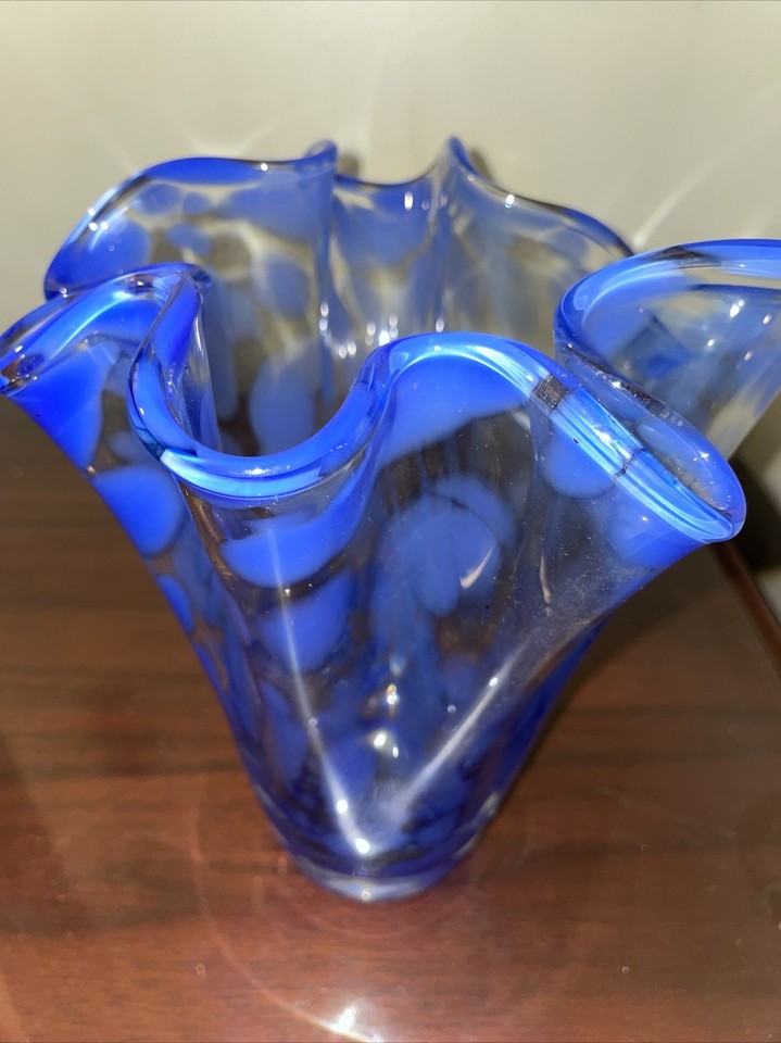Hand Blown Cobalt Blue Art Glass Ruffled Handkerchief Vase Made In ...