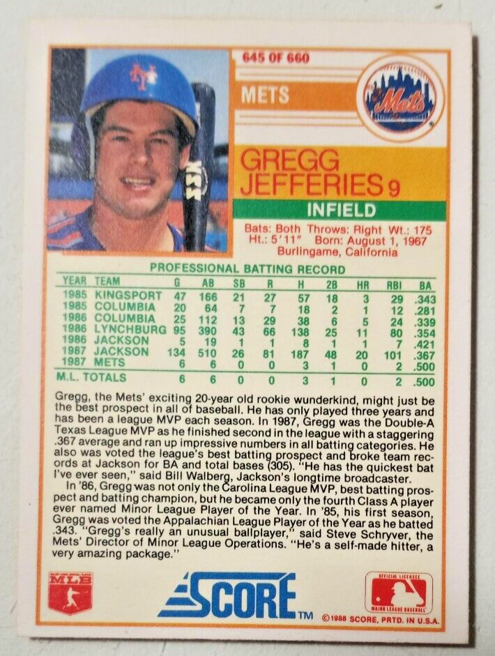 1988 Gregg Jefferies Rookie Prospect Score Trading Card #645 New York ...