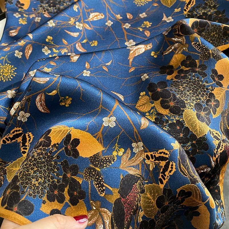 100% Silk Scarf Women Vintage Blue Leaves Kerchief Square Bandana Wrap ...