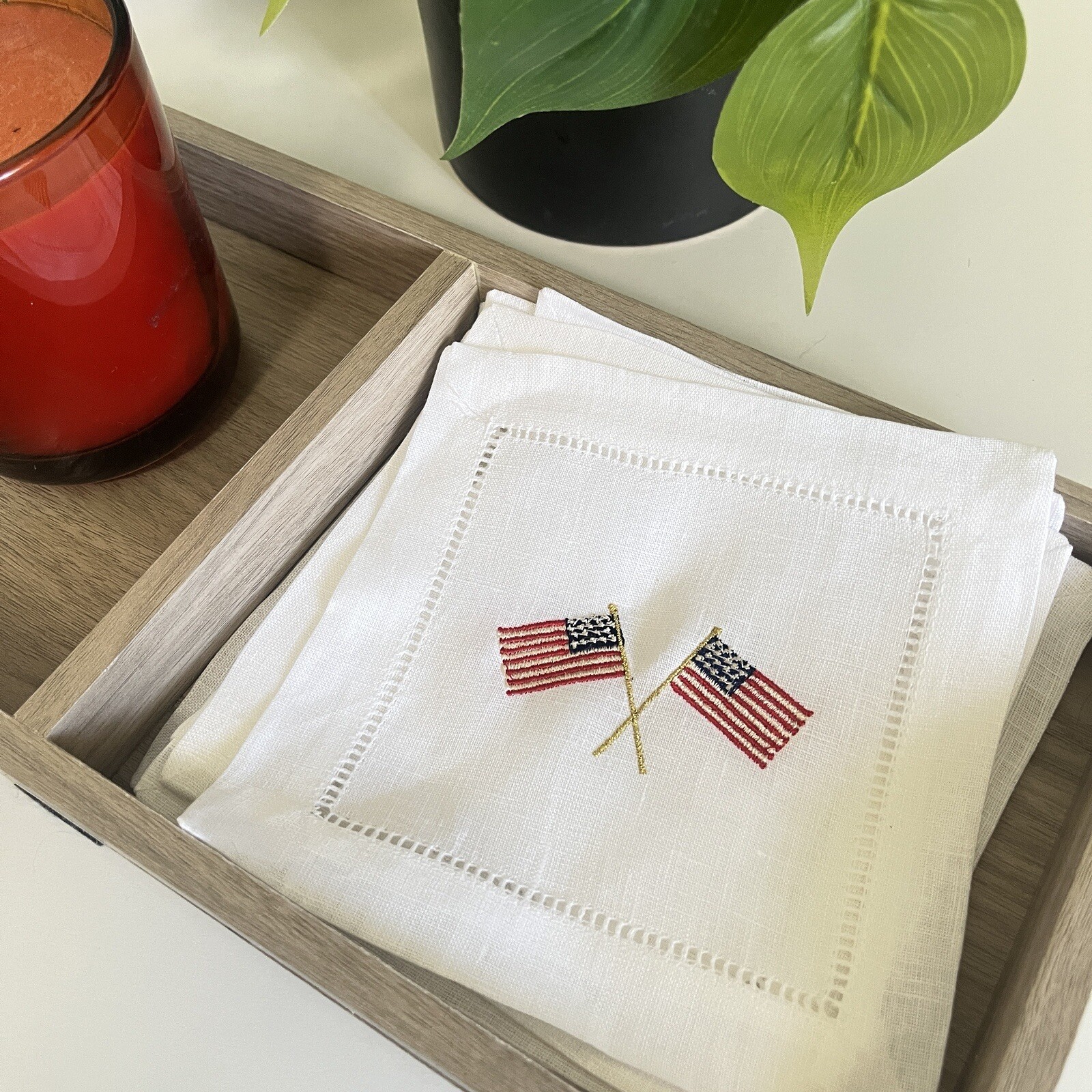 American Flag, Patriotic Embroidered Linen Hemstitch Cocktail Napkin ...