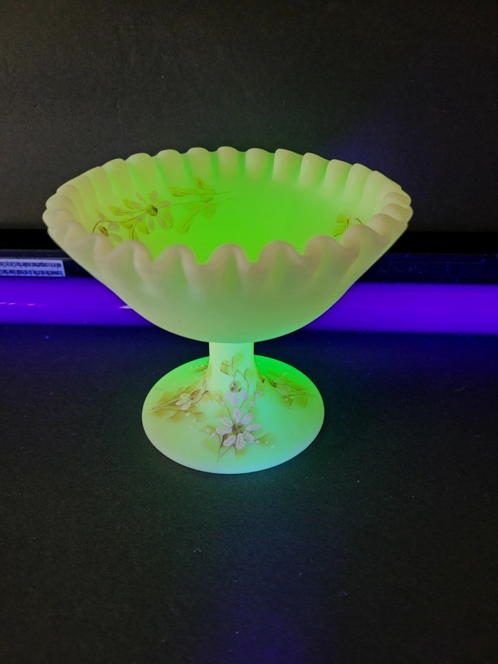 Fenton Compote Custard Glass Satin Uranium Signed Daisy Dish Painted | eBay