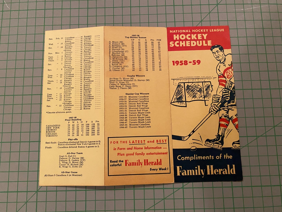 Rare 1958/59 NHL Hockey Pocket Schedule Family Herald | eBay