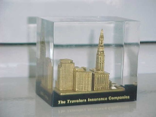 TRAVELERS INSURANCE GOLD BUILDING LUCITE PAPERWEIGHT 2 LB 100 YR 1864 ...