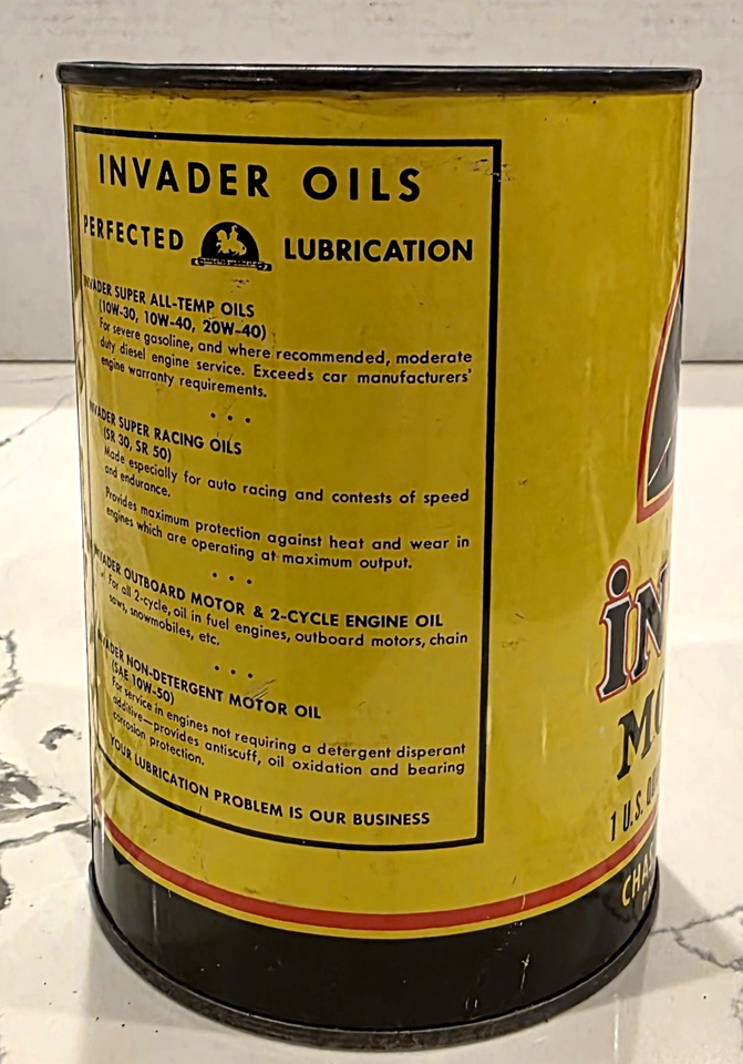 Vintage INVADER Motor Oil 1 Qt. Can -- FULL -- One Quart -- Chas F ...
