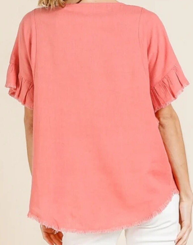 Umgee Women’s Casual Top Size Large Coral Frayed Ruffled Hi-Lo Short ...