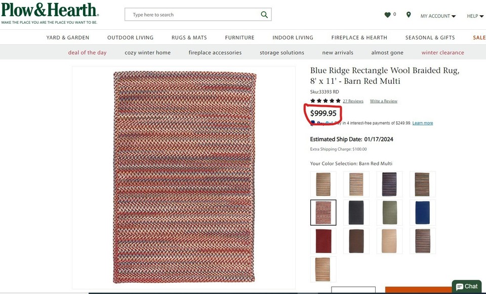 Plow & Hearth Blue Ridge Rectangle Wool Braided Rug, 8' x 11' - Barn ...