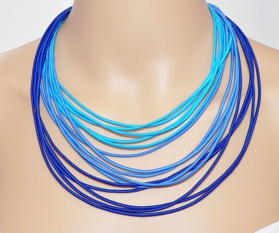 Kette Halskette Collier Statement Textil mehrreihig blau hellblau ...