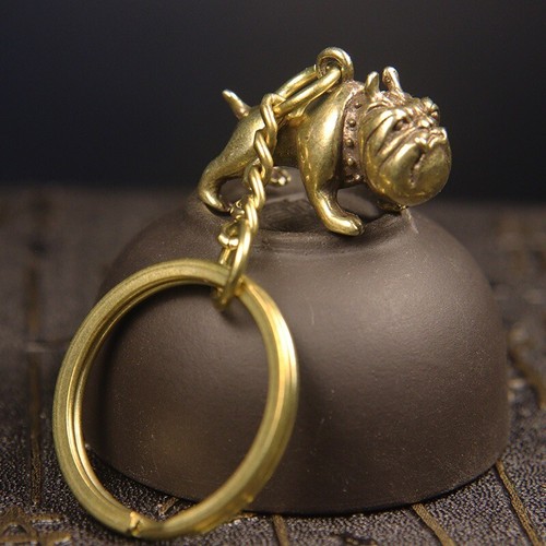 Solid Brass Pug Dog Keychain Bulldog Hanging Tea Pet Ornament Miniature ...