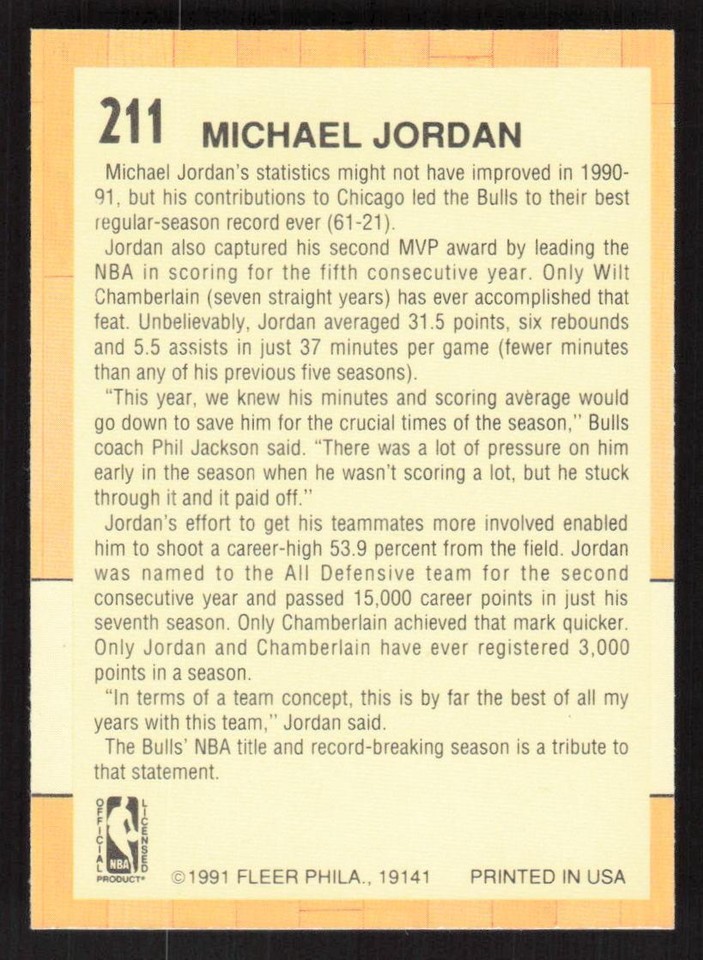 1991 FLEER MICHAEL JORDAN 211 MINT BASKETBALL CHICAGO BULLS | eBay