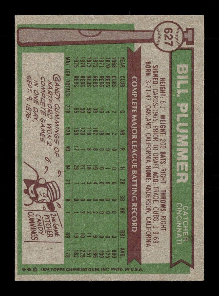 1976 Topps #627 Bill Plummer Cincinnati Reds EX Baseball Card *G784 | eBay