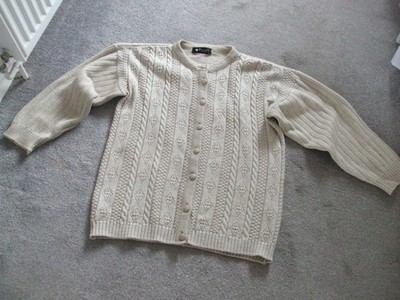 LADIES KNITTED CARDIGAN SZ 16 UK / 42" BUST BUTTON UP ARAN PATTERN LONG ...