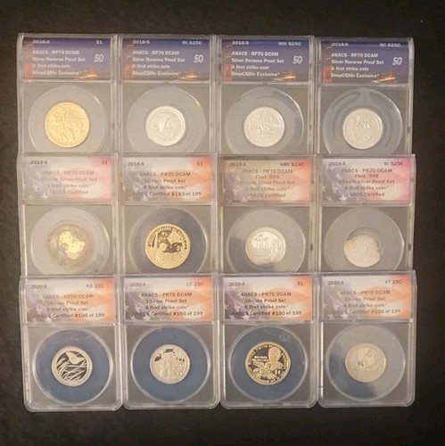 12 ANACS Slabs • PR70DCAM • ATB Clad & Silver Quarters • Sacagawea $1 ...