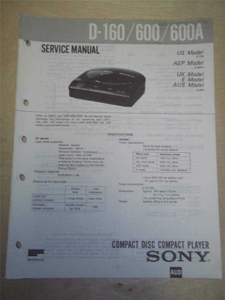 Sony Service Manual~D-160/600/600A Discman CD Player~Original~Repair | eBay