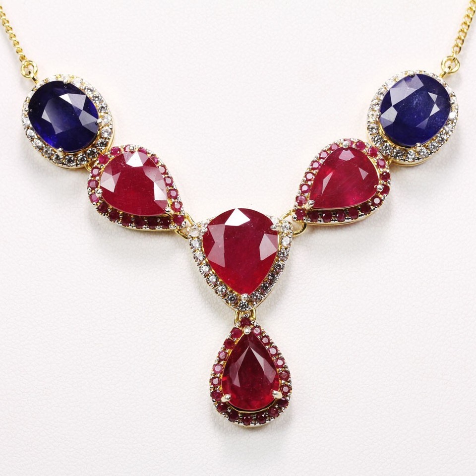925 STERLING SILVER NATURAL RED RUBY, BLUE SAPPHIRE & CZ NECKLACE 19-20 ...