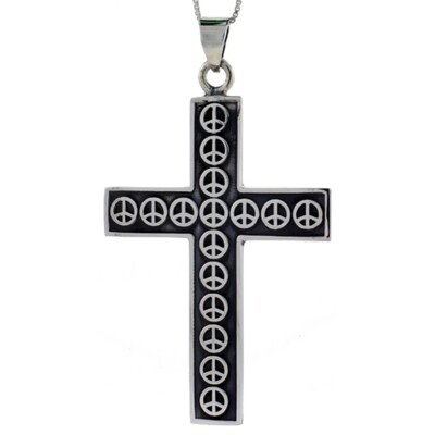 925 Sterling Silver Large Peace Sign Cross Pendant 2 1/2 Inch (63mm ...