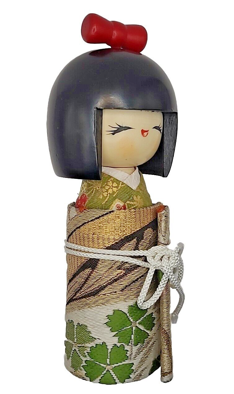 Vintage Japanese Wooden Kokeshi Doll 5” Gold Fabric Dress Red Bow By ...