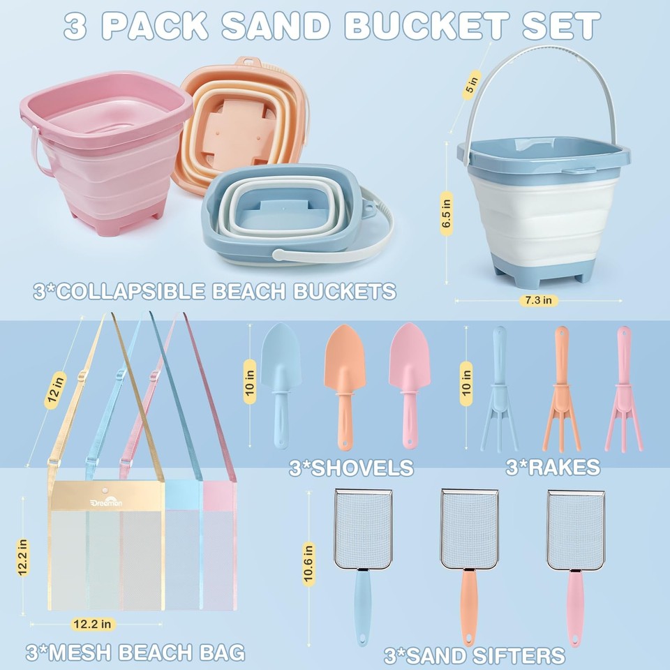 Beach Sand Toys Mesh Shovel Set for Kids, 3 Pack Collapsible Sand ...